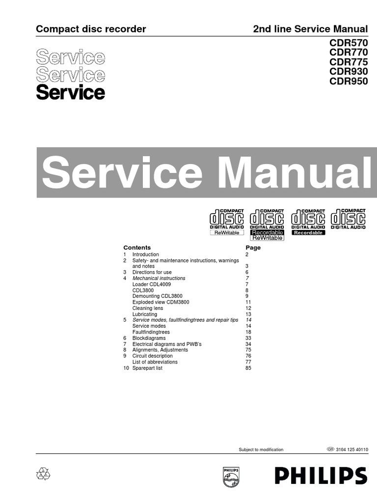Philips CDR775 Service Manual Guide | PDF | Bearing (Mechanical ...