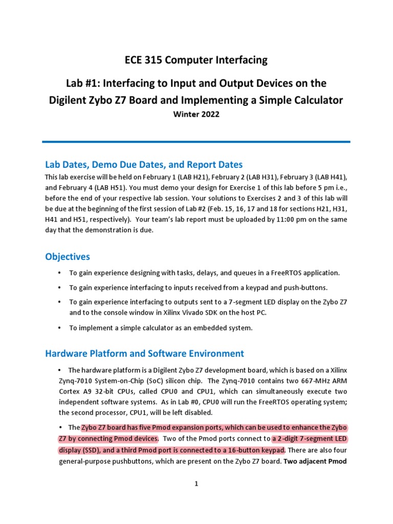ECE 315 Computer Interfacing Lab #1: Interfacing To Input and Output Devices On The Digilent ...