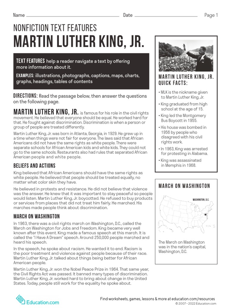 Answers Key Nonfiction Text Features Martin Luther King JR | PDF ...