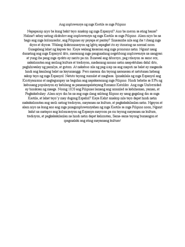 Ang Impluwensya NG Mga Kastila Sa Mga Pilipino | PDF