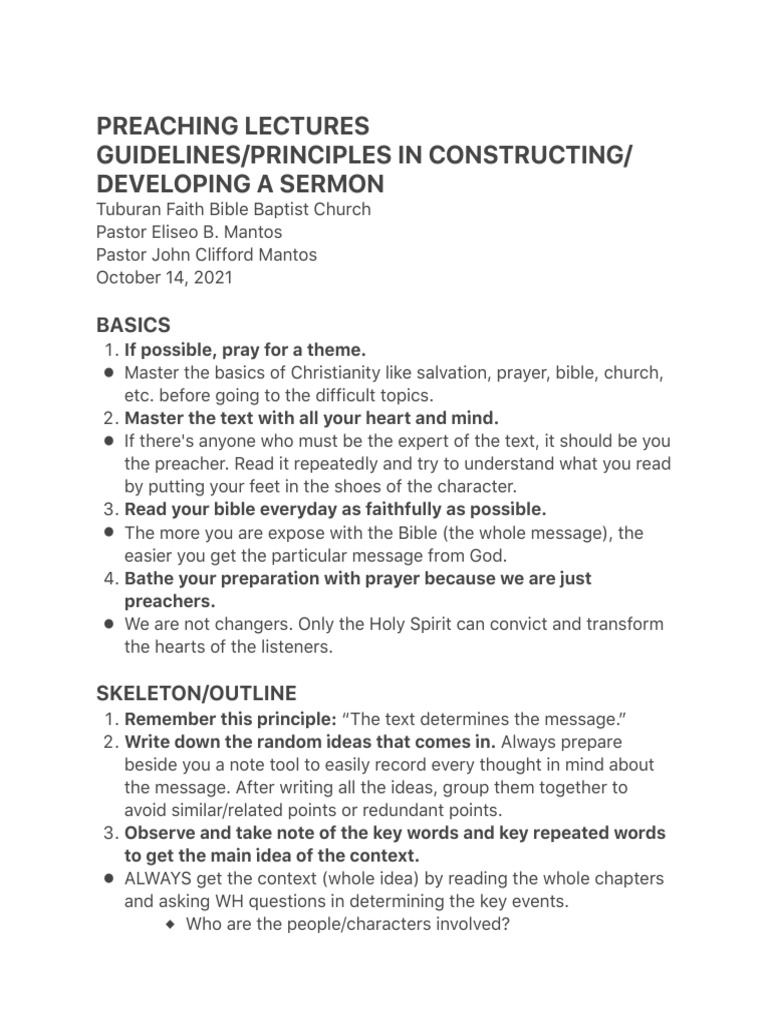 Preaching Lectures Guidelines/Principles in Constructing/ Developing A ...