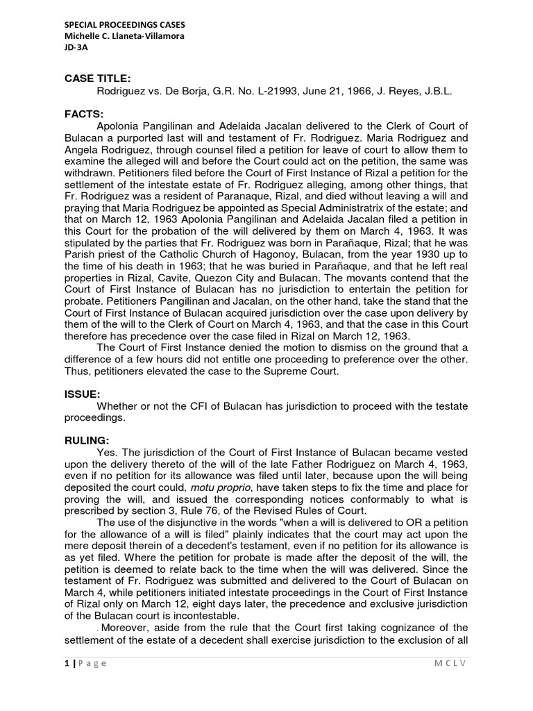 Case Title:: Special Proceedings Cases Michelle C. Llaneta-Villamora JD ...