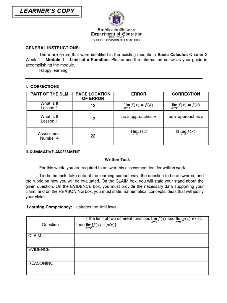 LC G11 BASIC-CALCULUS Q3 WEEK1-Assessment | PDF | Learning | Cognition