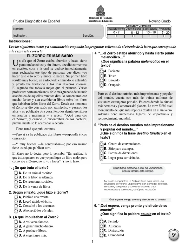 Prueba Diagnóstica de Español 9° Grado | PDF