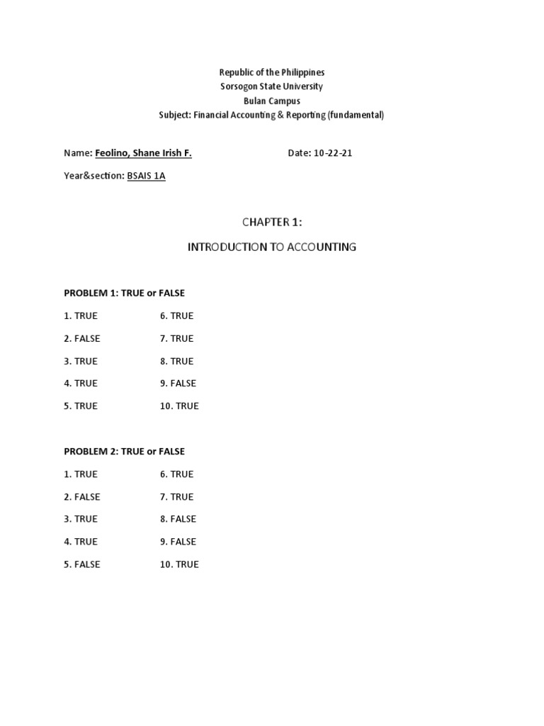 Chapter 1 - Introduction To Accounting (Feolino, Shane Irish F. Bsais 1a) | PDF | Business ...