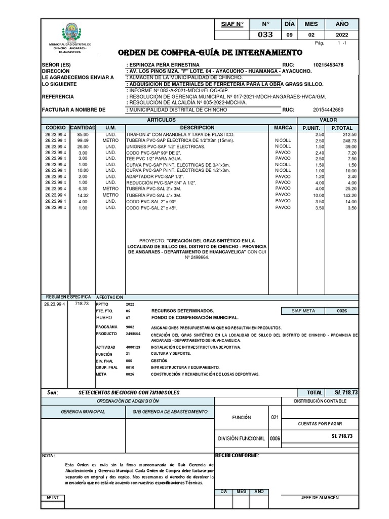 Orden de Compra 033 Adquisición de Materiales de Ferreteria Obra Grass ...