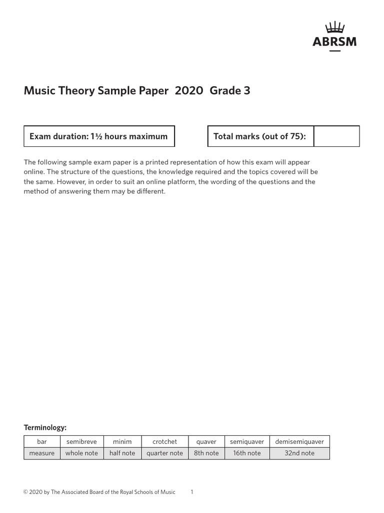Music Theory Grade 3 Sample Paper Yu | PDF