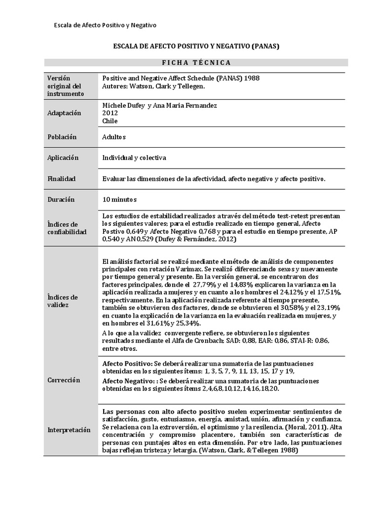 Ficha Técnica Del Test - PANAS | PDF | Validez (Estadísticas ...
