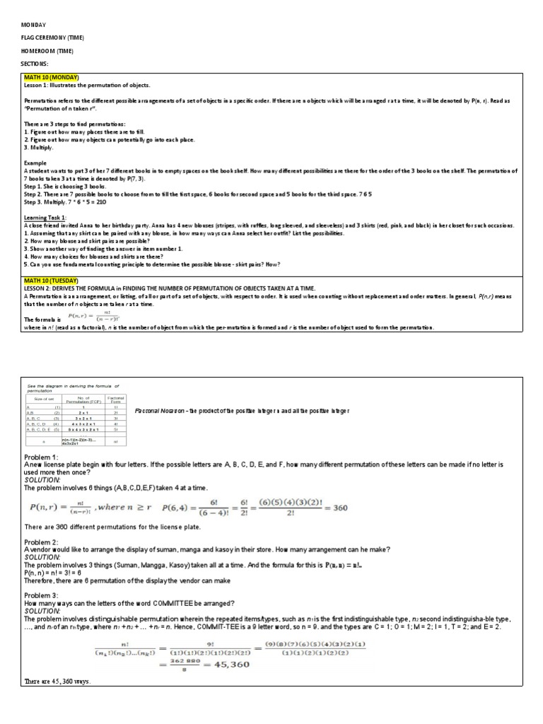 Math10 WHLP 3rd Quarter Week 1 1 | PDF | Permutation | Mathematical Concepts