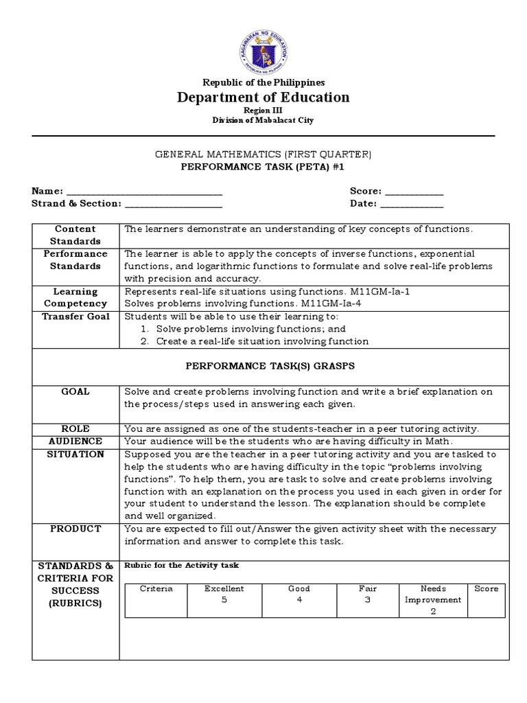General Mathematics - Peta 1 First Quarter 2021 2022 | PDF | Rubric ...