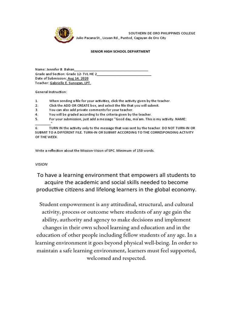 Senior High School Department: Vision | PDF | Teachers | Learning