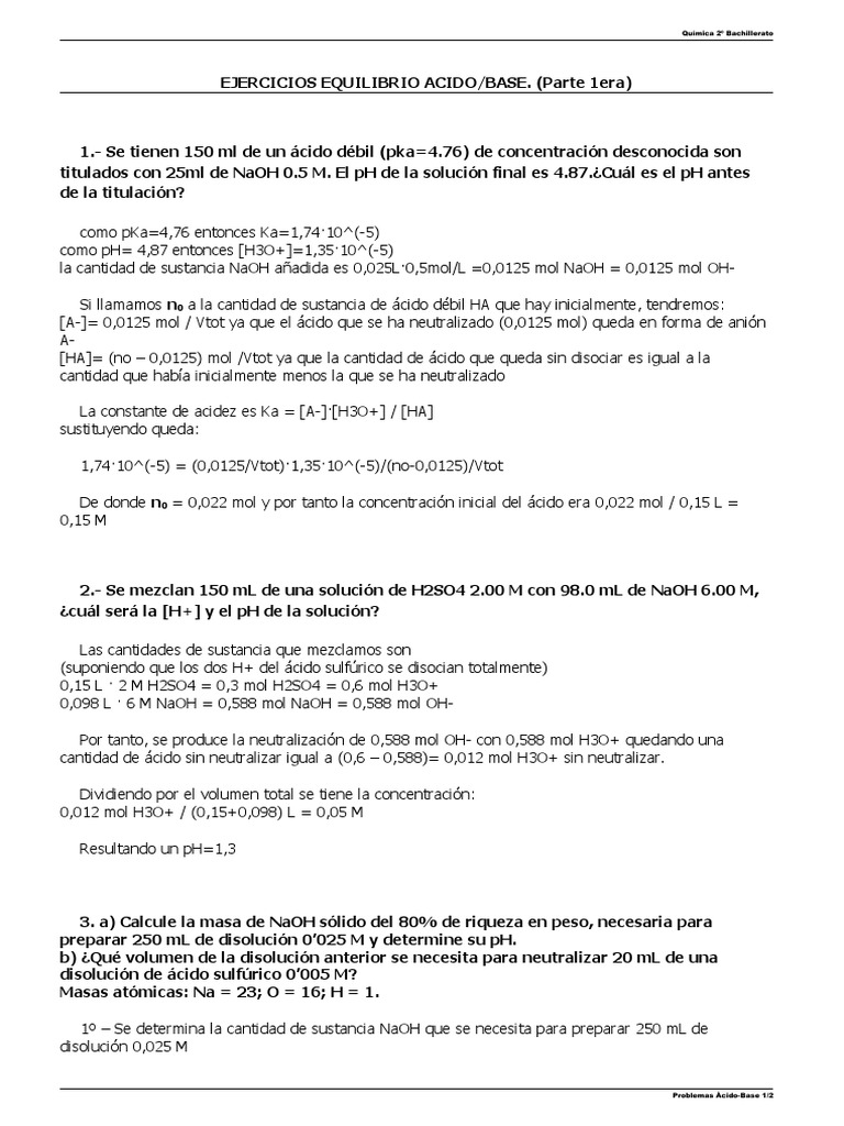 Quimica-2ºBach. Acido-Base (Ejer Con Sol.) | Descargar gratis PDF | Moléculas | Materiales