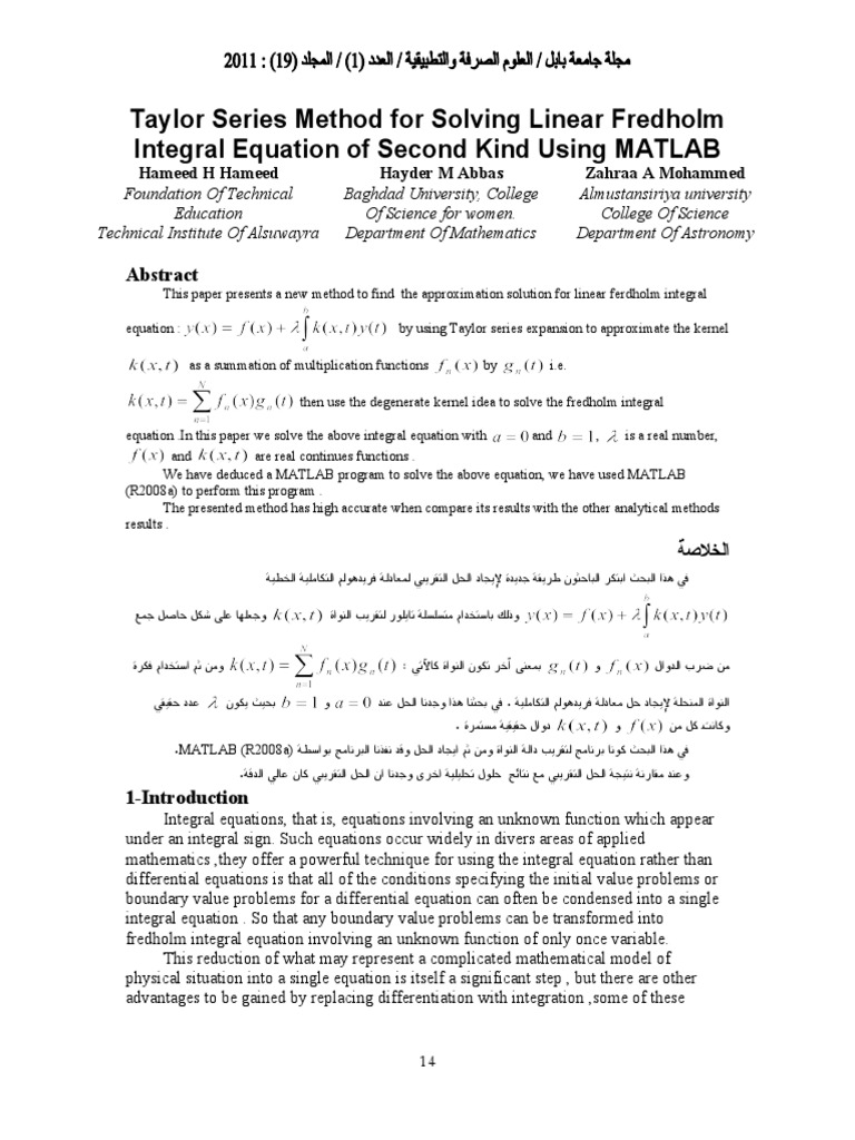 Taylor Series Method For Solving Linear Fredholm Integral Equation of Second Kind Using MATLAB ...