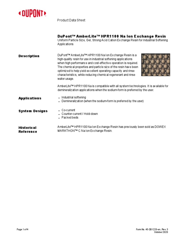 Dupont™ Amberlite™ Hpr1100 Na Ion Exchange Resin: Product Data Sheet ...