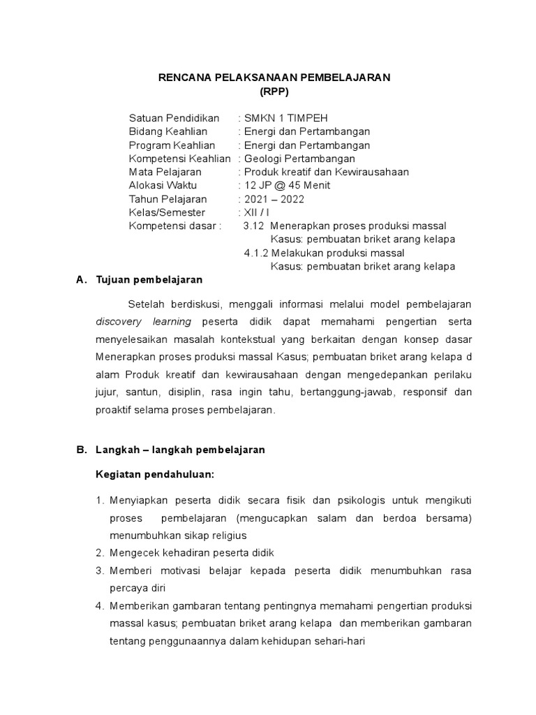 RPP SMT 1 KLS XII Produk Kreatif Dan Kewirausahaan - Membuat Produk ...