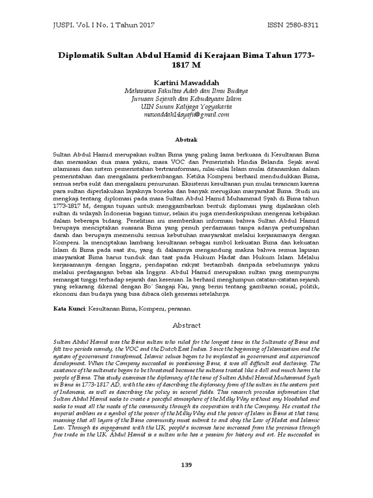 Diplomatik Sultan Abdul Hamid Di Kerajaan Bima Tahun 1773-1817 M | PDF ...