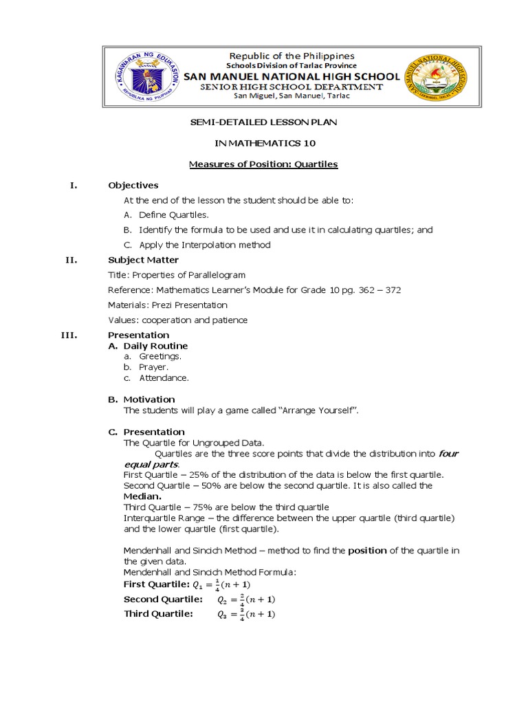 Quartiles Lesson Plan for Grade 10 | PDF | Quartile | Mathematics