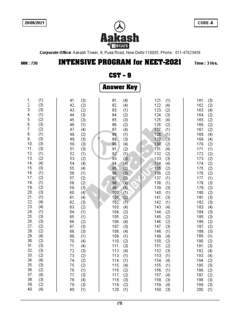 NEET-2021 CST-9 Answer Key | PDF | Plant Stem | Chemistry
