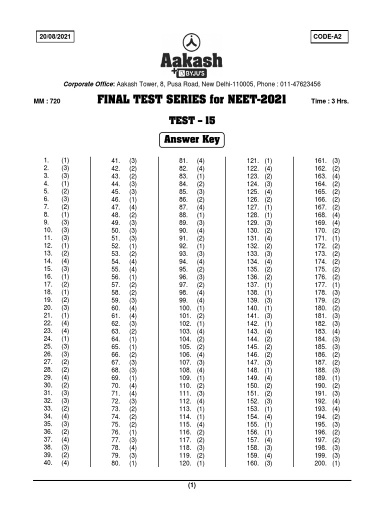Aakash FTS 2021 NEET Test-15 Answer Key | PDF | Physics | Chemistry