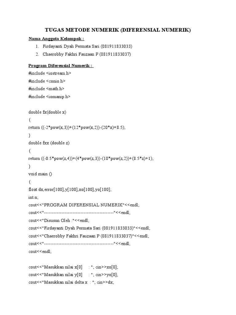 Tugas Kelompok Metnum (Firda Dan Fakhri) Diferensiasi Numerik | PDF | Computers