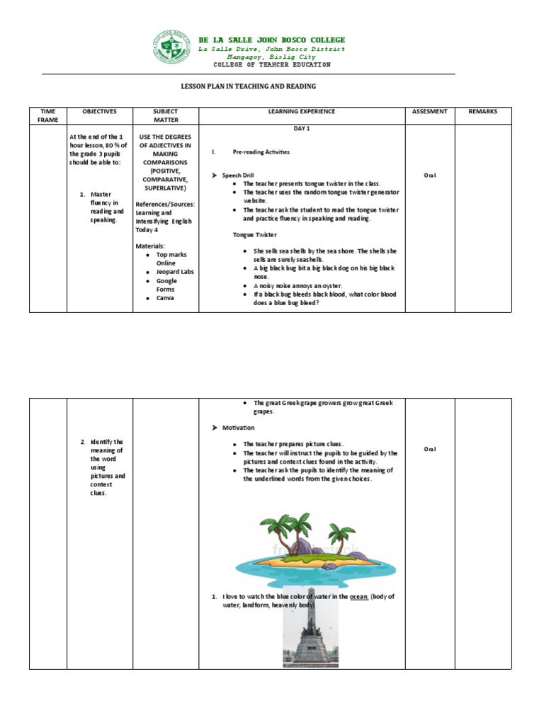Lesson Plan in Teaching and Reading Week1 | PDF | Teachers | Philippines Lesson Plan in Teaching and Reading Week1 | PDF | Teachers | Philippines