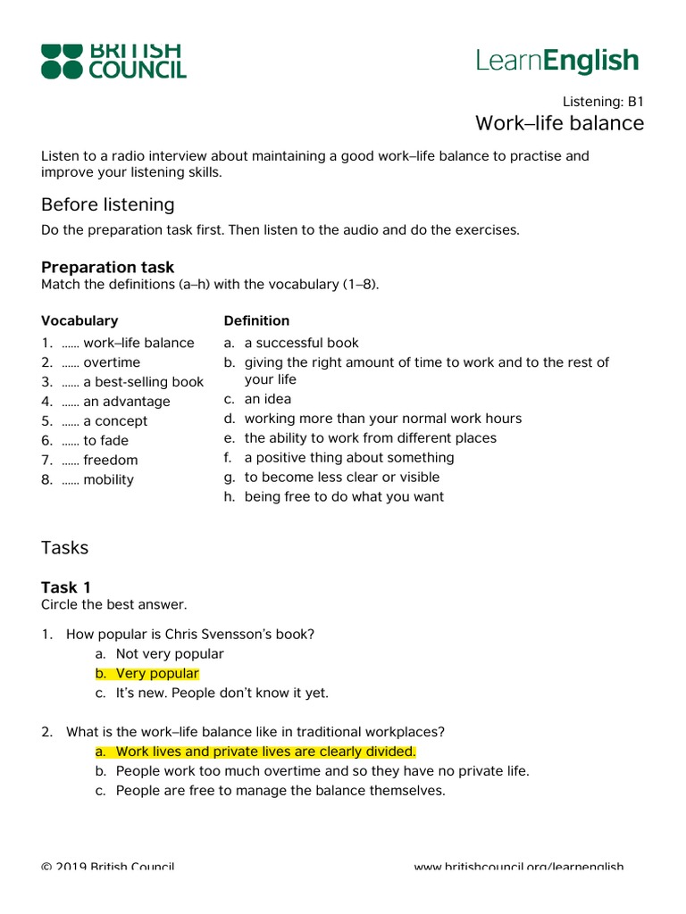 Listening - Work Life Balance | PDF | Working Time | Business