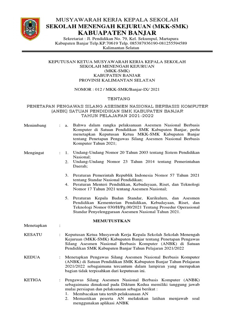 SK Pengawas Silang ANBK SMK 2021 | PDF