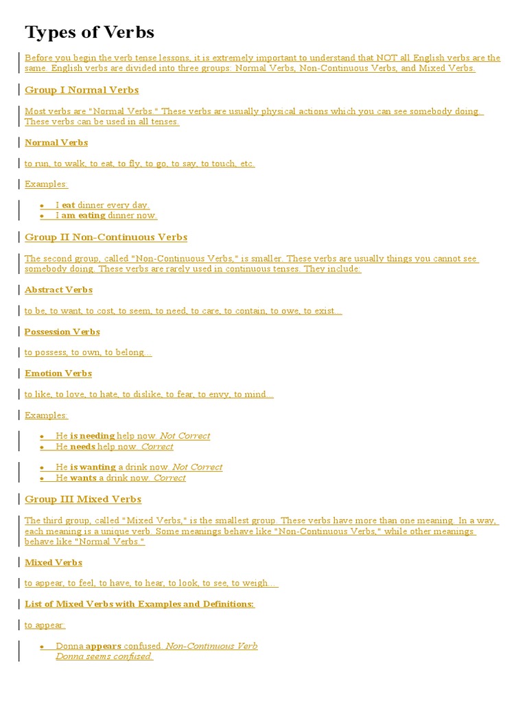 Types of Verbs: Group I Normal Verbs | PDF | Verb | Linguistics