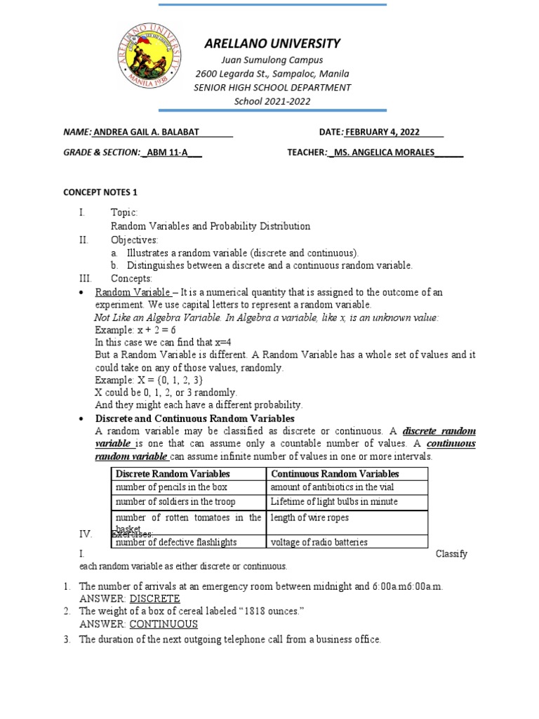 DLP 1 Discrete and Continuous BALABAT | PDF | Probability Distribution ...