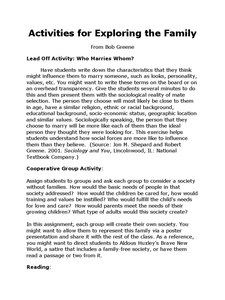 Activities For Exploring The Family | PDF | Family | Sociology