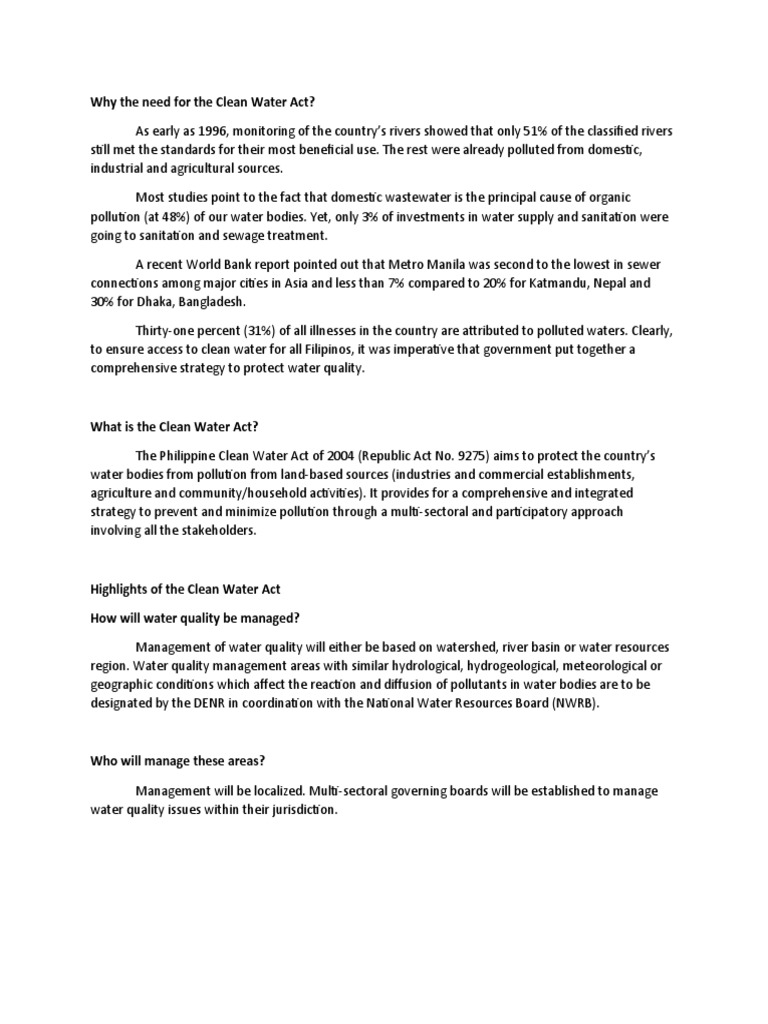 Why The Need For The Clean Water Act? | PDF | Sewage Treatment | Water ...