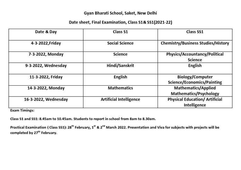 Date Sheet Final Exam S1 & SS1 | PDF