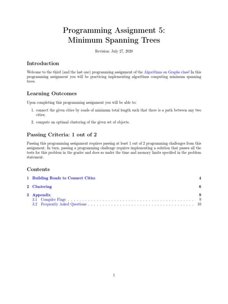 Programming Assignment 5 Minimum Spanning Trees Algorithms On Graphs 