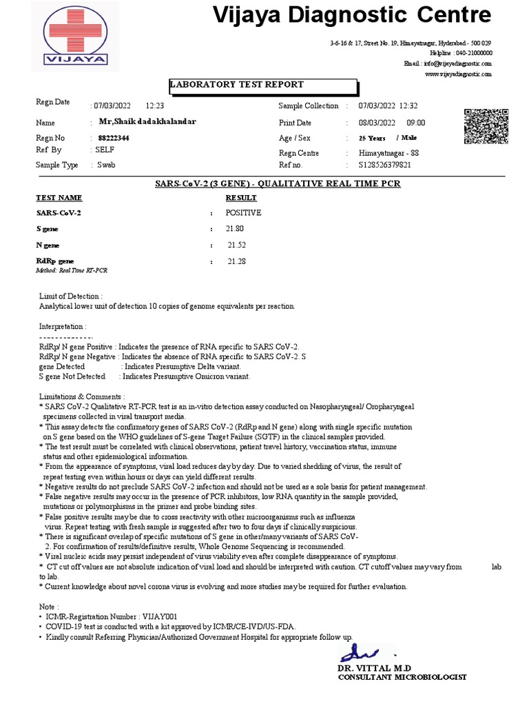 MR, Shaik Dadakhalandar: Laboratory Test Report | PDF | Virus | Reverse ...