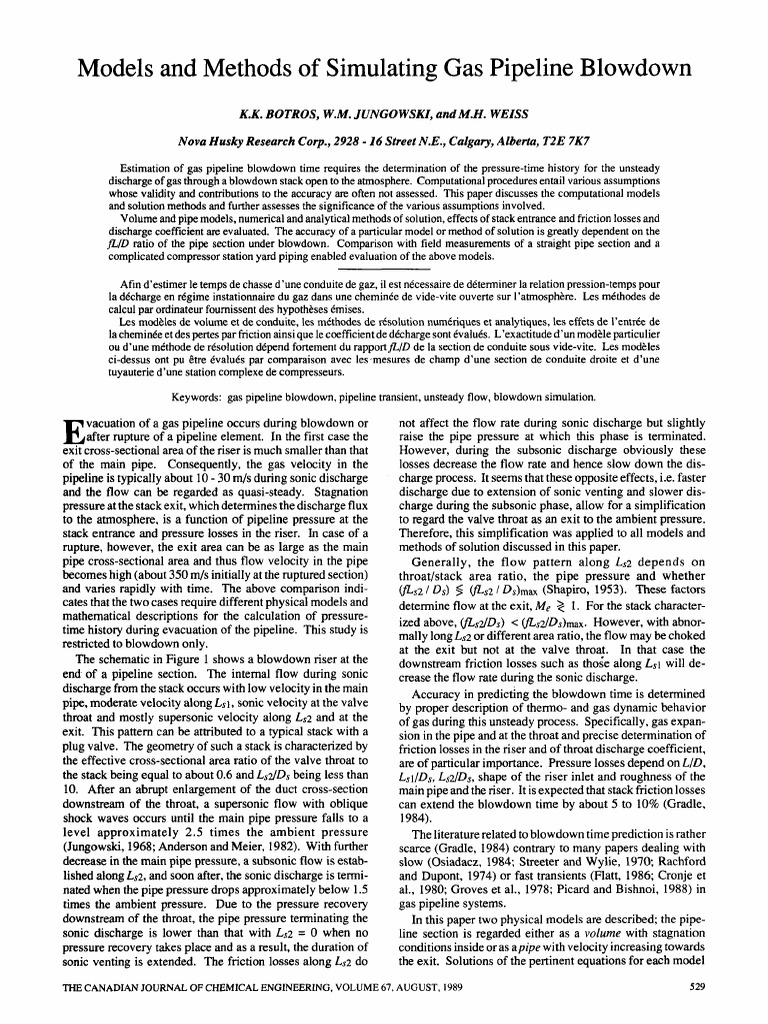 Models Methods Simulating Gas Pipeline Blowdown (1989) - KK Botros Et ...