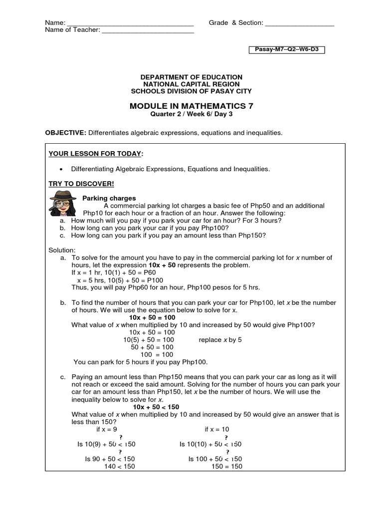 Pasay m7 q2 w6 d3 M Garbida | PDF | Equations | Inequality (Mathematics)