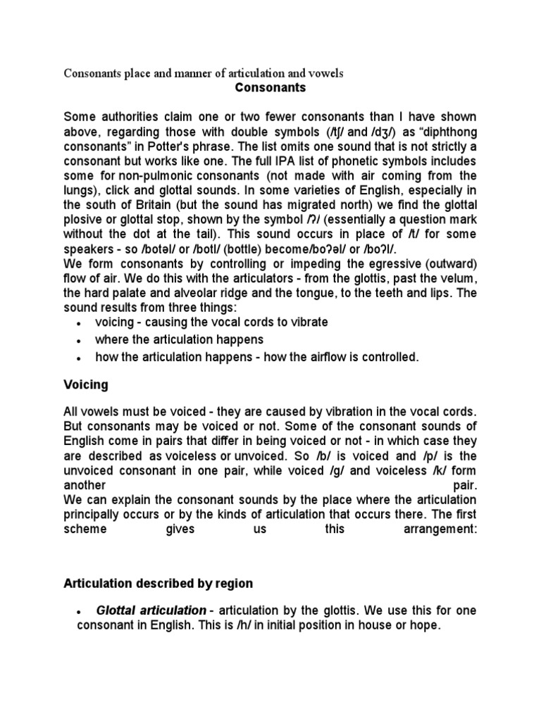 Consonants Place and Manner of Articulation and Vowels | PDF ...