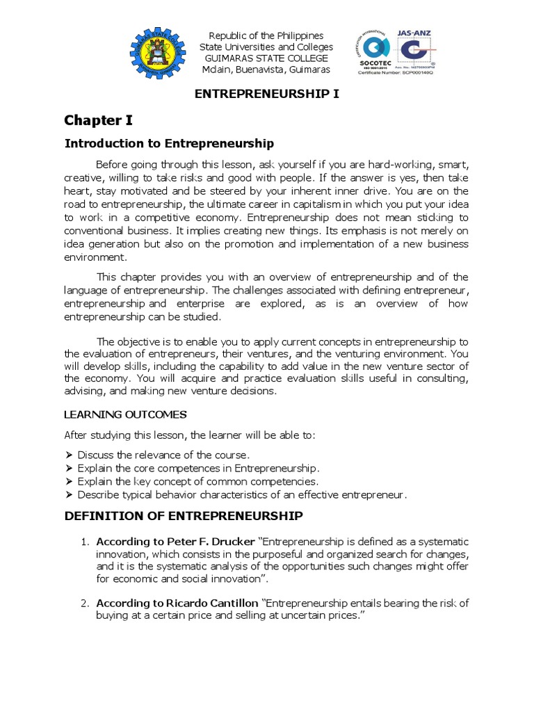 Chapter 1 - Introduction To Entrepreneurship | PDF | Entrepreneurship ...