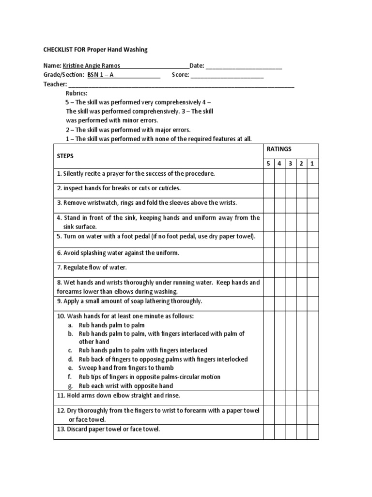 CHECKLIST FOR Proper Hand Washing | PDF | Hand Washing | Hand