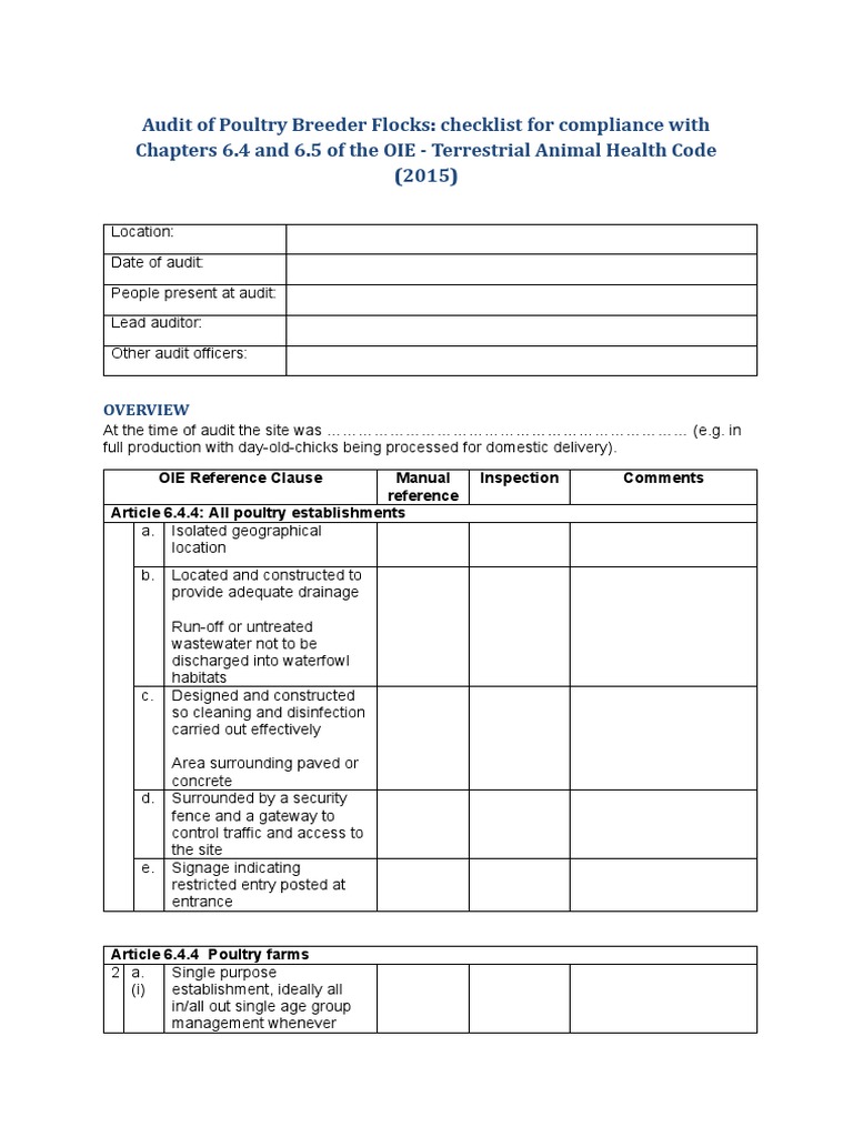 Audit of Poultry Breeder Flocks: Checklist For Compliance With Chapters ...