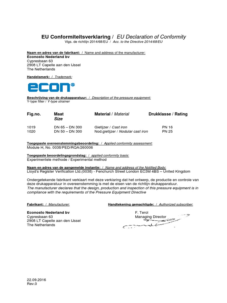 Verklaring Van Overeenstemming Fig 1019 - 1020.rev 1 | PDF