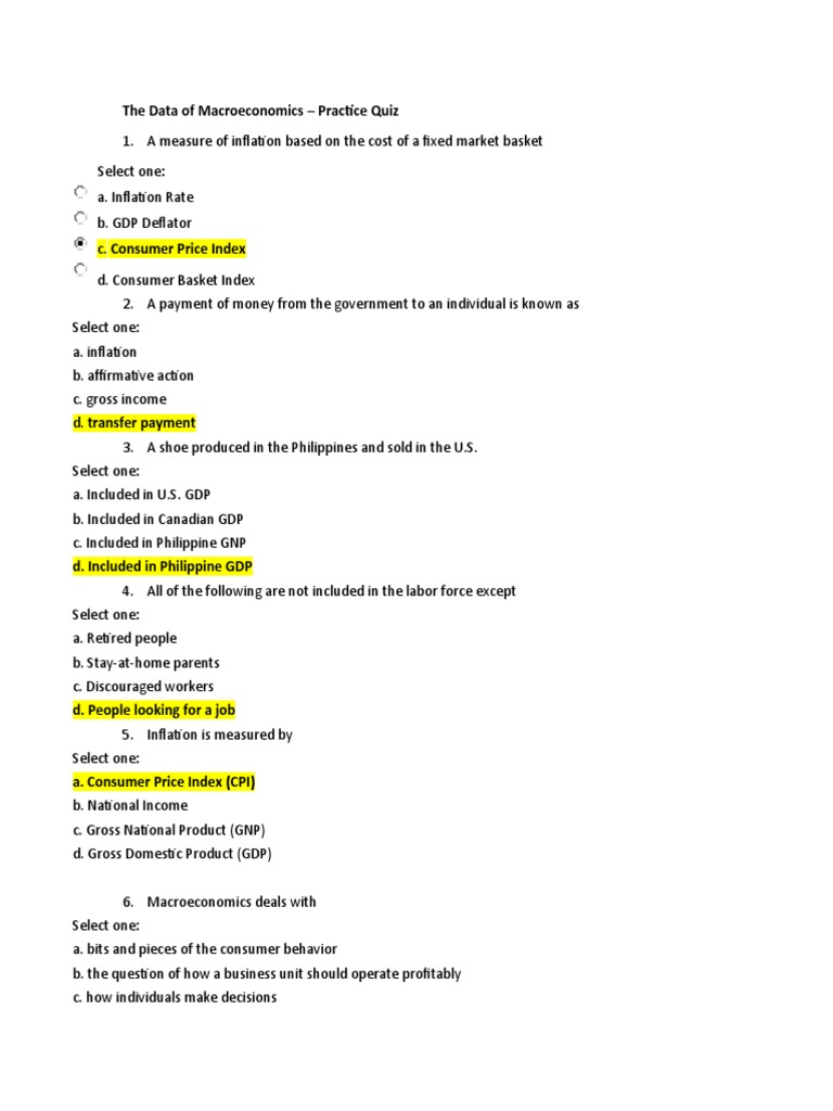Macroeconomics Practice Quiz Questions | PDF | Inflation | Gross ...