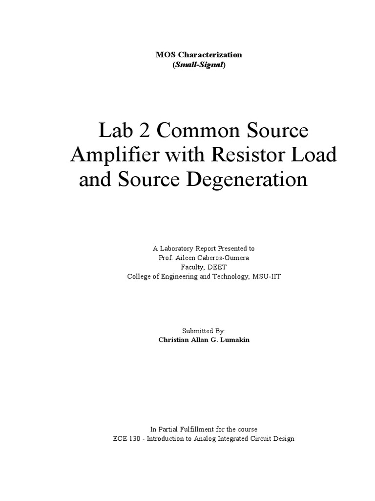 Lab 2 Common Source Amplifier With Resistor Load And Source