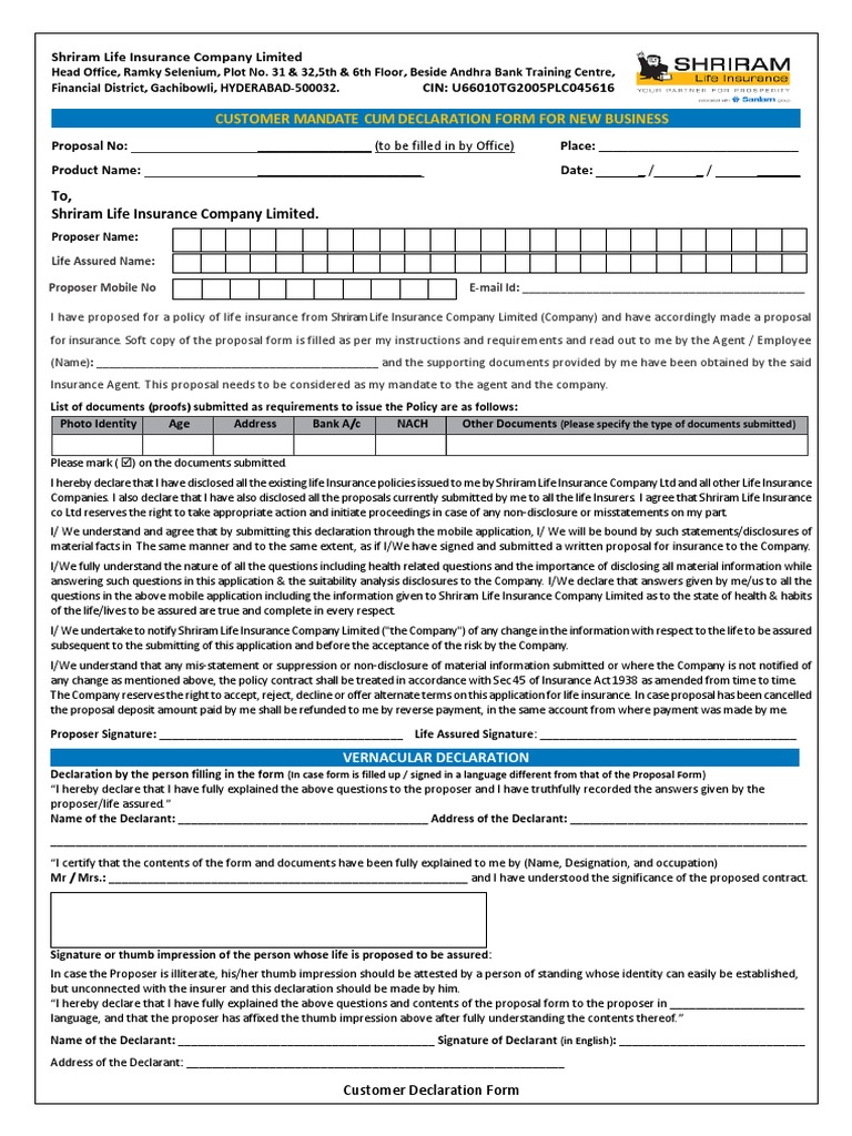 To, Shriram Life Insurance Company Limited.: Customer Mandate Cum ...