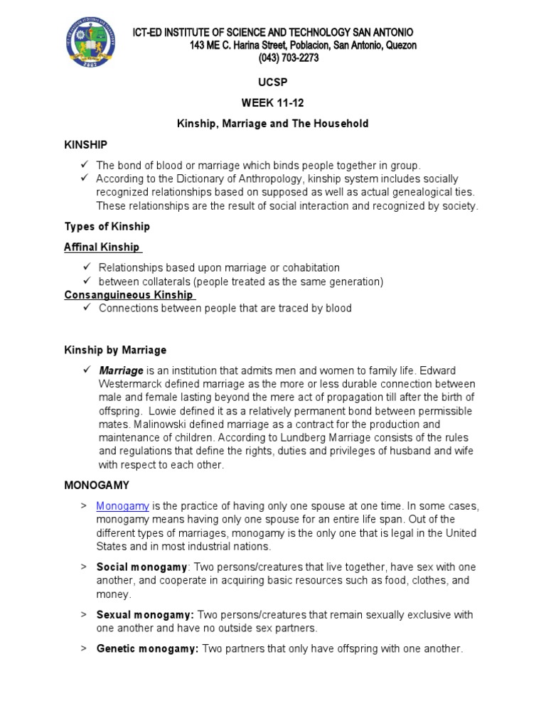Ucsp WEEK 11-12 Kinship, Marriage and The Household Kinship: Monogamy ...