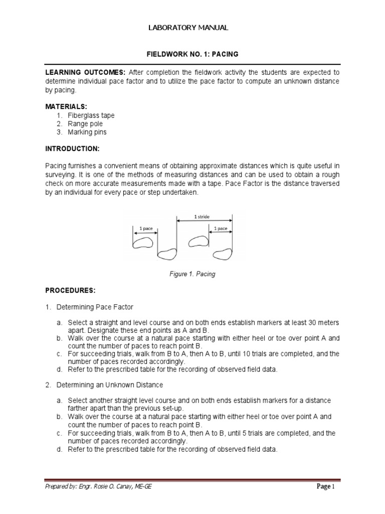 Laboratory Manual in Surveying 1 Fieldwork No. 1: Pacing LEARNING OUTCOMES: After Completion The ...