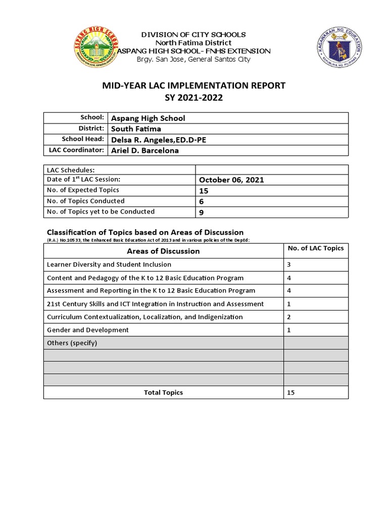 Mid-Year Lac Implementation Report SY 2021-2022 | PDF | Teachers ...