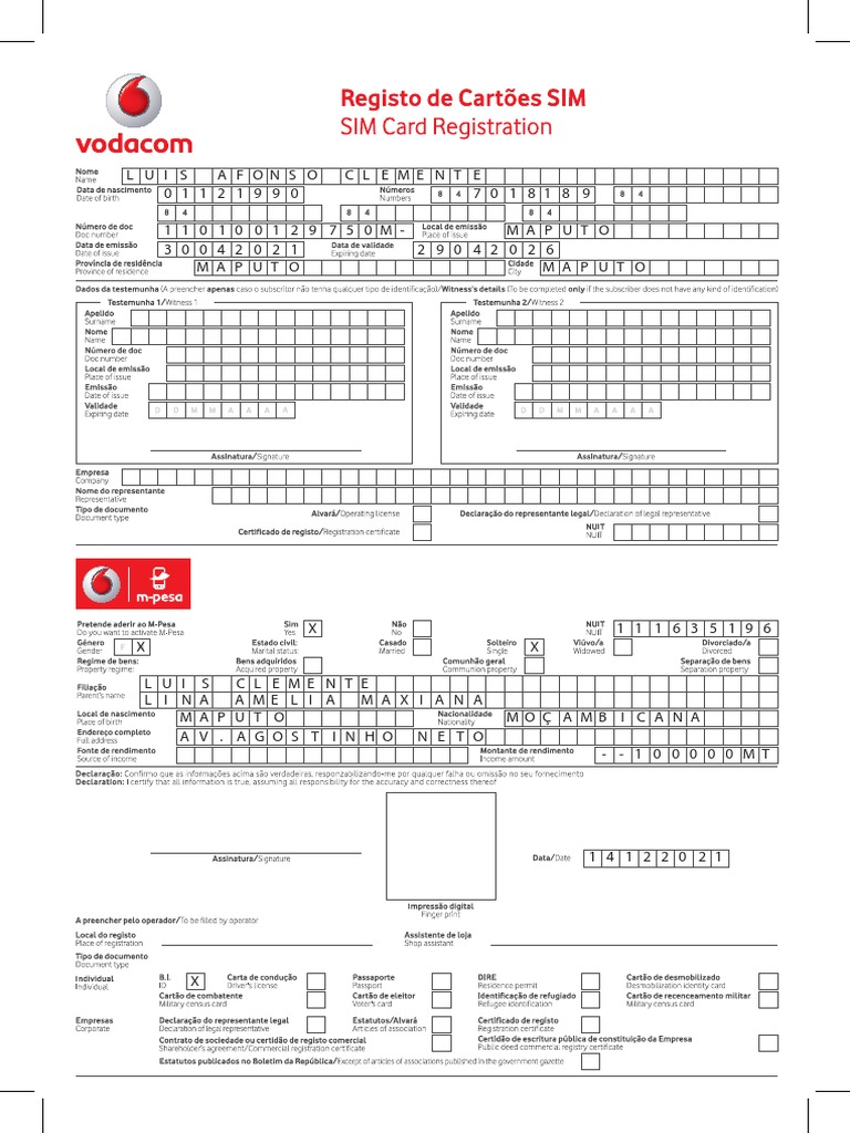 AF - Formulario Registo SIM VODACOM | PDF