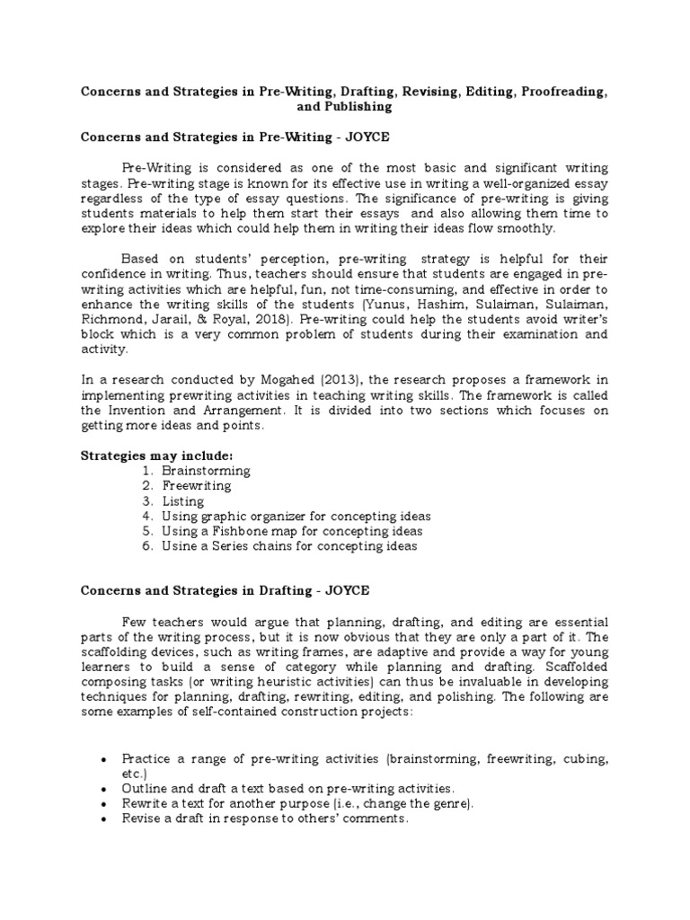 Concerns and Strategies in Pre-Writing, Drafting, Revising, Editing, Proofreading, and ...