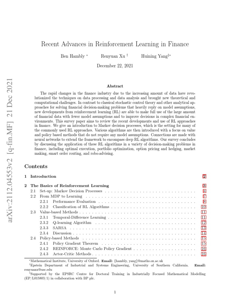 Recent Advances in Reinforcement Learning in Finance | PDF | Mathematical Optimization | Applied ...